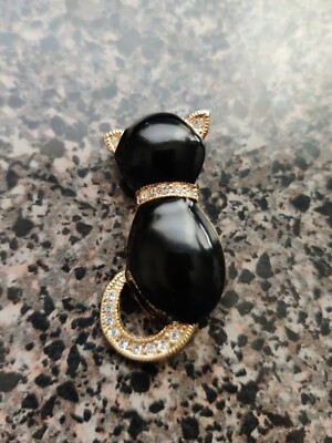 Elegant Enamel Rhinestone Cat Pin/Brooch Black vtg Marked Roman | eBay