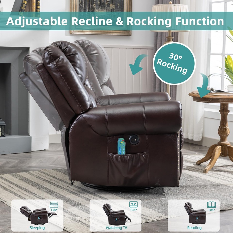 Massage Swivel Rocker Recliner, 360°Swivel Lounge Recliners W/Heat and ...