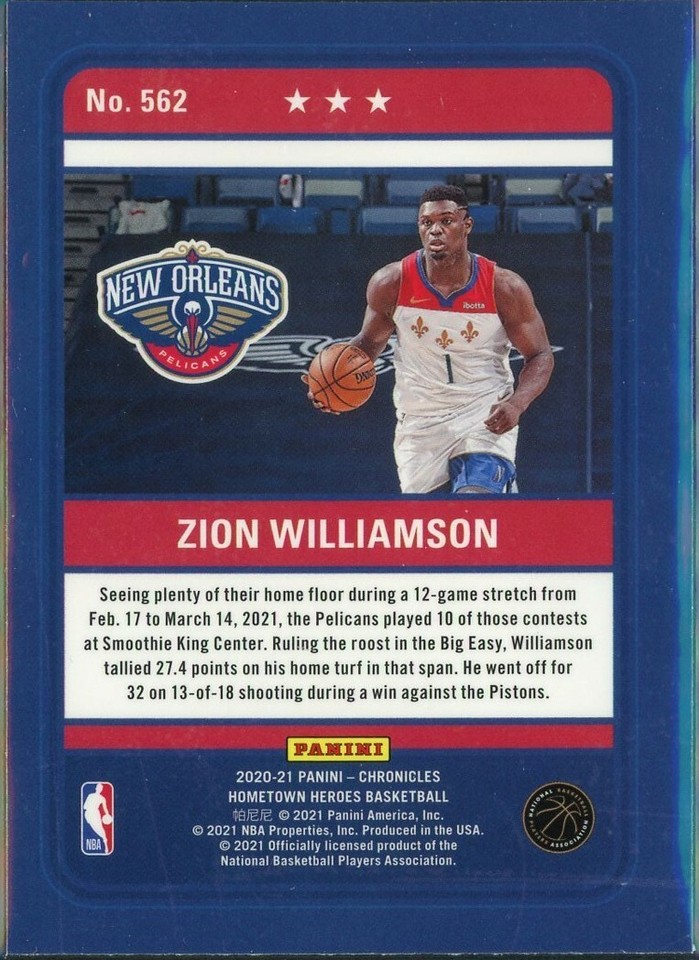 2020-21 Chronicles Home Town Heroes Zion Williamson #562 Base ...