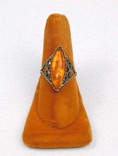 Vintage Baltic Amber Marquise Shape Statement Ring with Silver Filigree ...