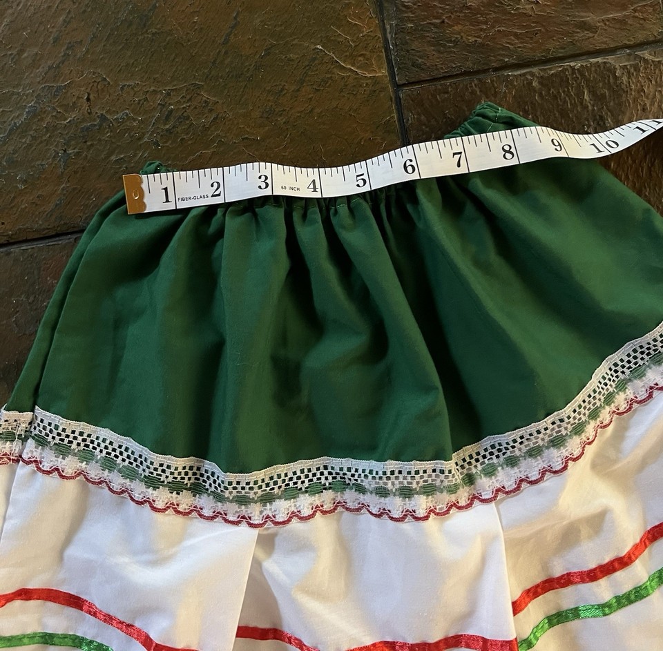 Mexican Skirt Girls w/Elastic Waist Ribbons-Lace Red White Green Pre ...