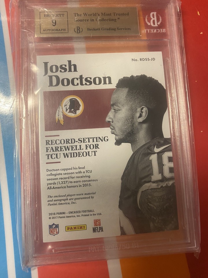 Josh Doctson 2016 Rookie Dual Swatch AUTO 20/49 BGS MINT 9.5 redskins ...
