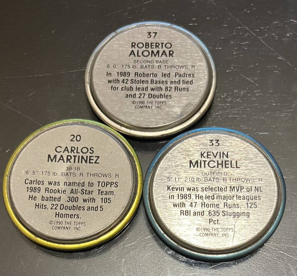 LOT of 3 1990 Topps Metal Cap Coin Card R ALOMAR, K. MITCHELL, C ...