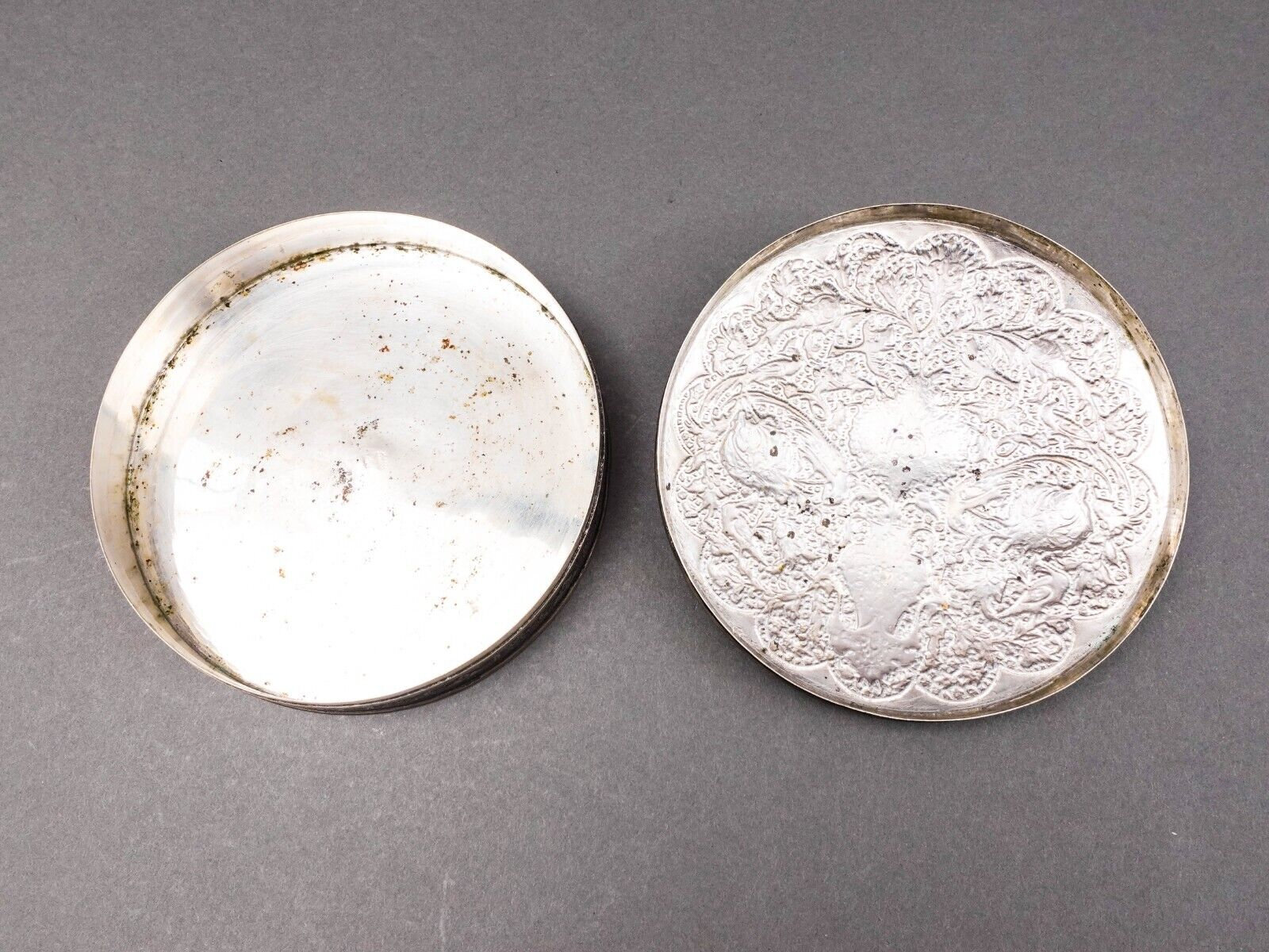 Antique Persian Islamic Middle East Silver Repousse Round Trinket Box ...