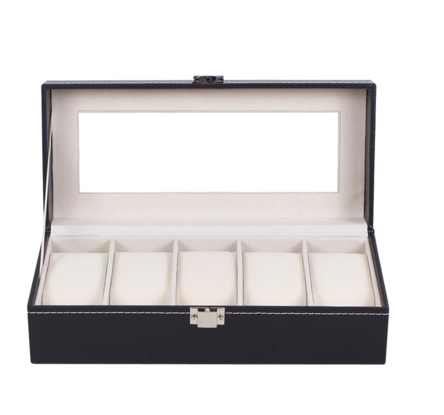 5 Slot Watch Box Leather Display Case Organizer Top Glass Jewelry ...