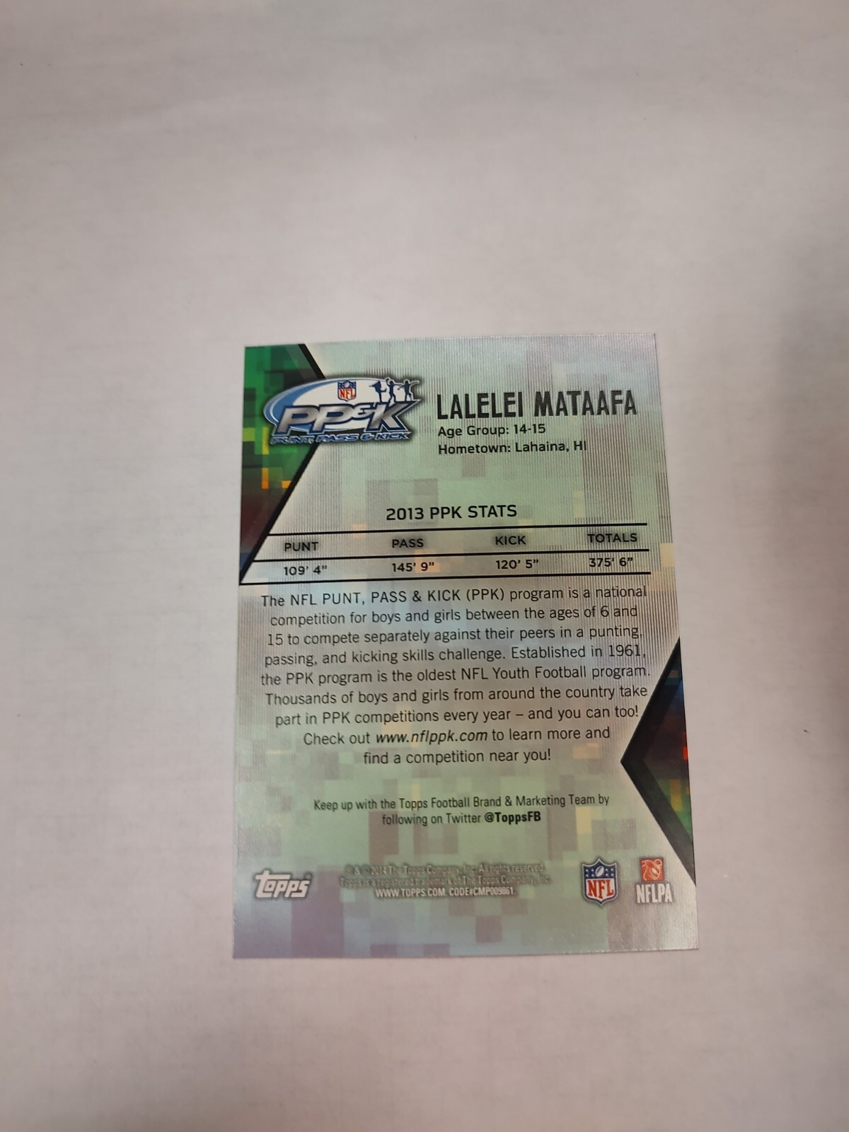 2014 Topps Punt Pass and Kick Champions #20 Lalelei Mataafa Card (PWE ...