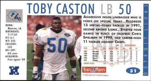 1992 GAMEDAY - FOOTBALL TALL-BOY Trading Card #31 - TOBY CASTON ...