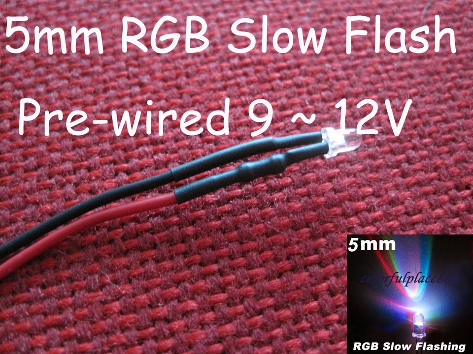 100pcs 5mm RGB Colorful Slow Flash Red Green Blue Pre-Wired LED Leds 9V ...