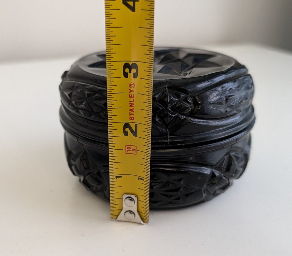 Vintage black glass candy dish cut octagram round lid trinket art deco ...
