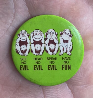 VINTAGE COUNTER CULTURE MONKEY FUNNY PIN BACK BUTTON 1970s 1.5” EVIL ...