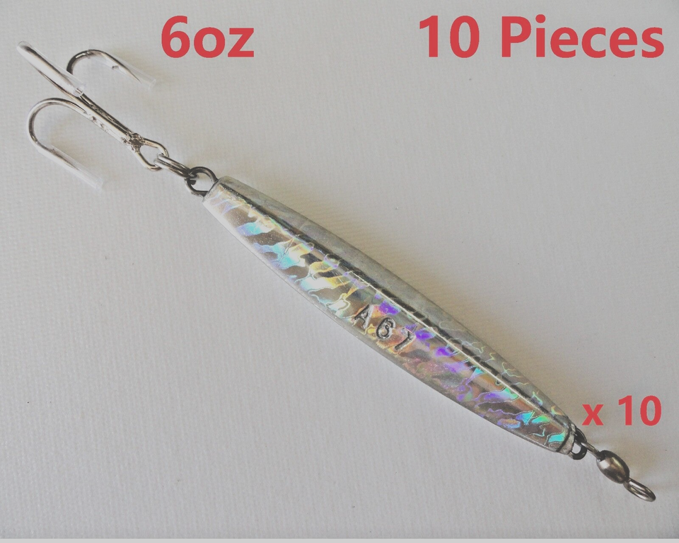 10 Pieces Diamond Jig 6oz Holographic Saltwater Fishing Lures w/Treble ...
