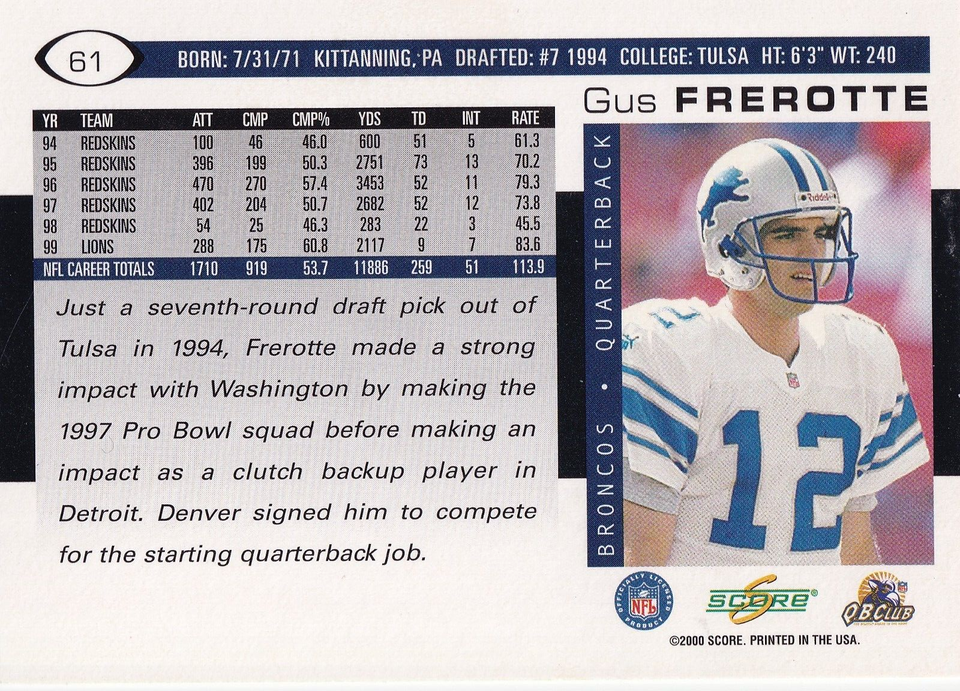 2000 Score #61 Gus Frerotte NFL Denver Broncos + (Yes 4 Free Mystery ...