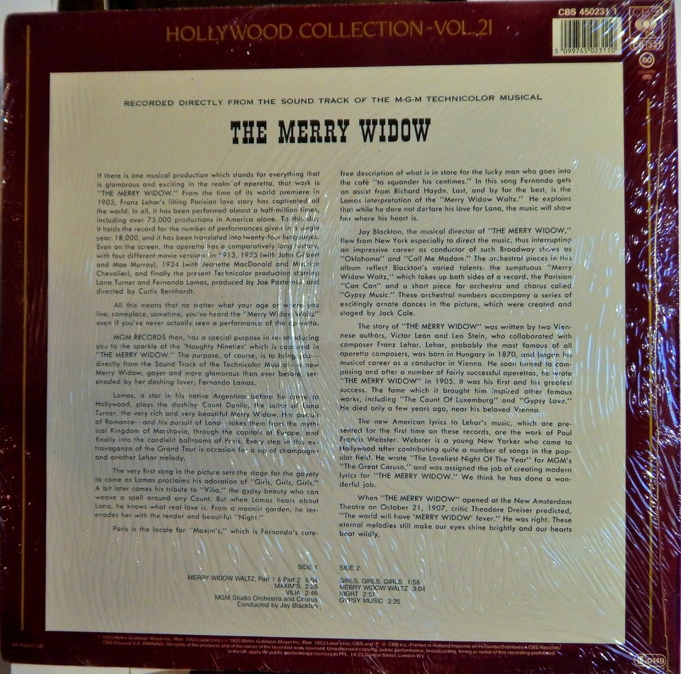 MERRY WIDOW (1952 FRANZ LEHAR) 80S RS MINT SOUNDTRACK VINYL LP LANA ...