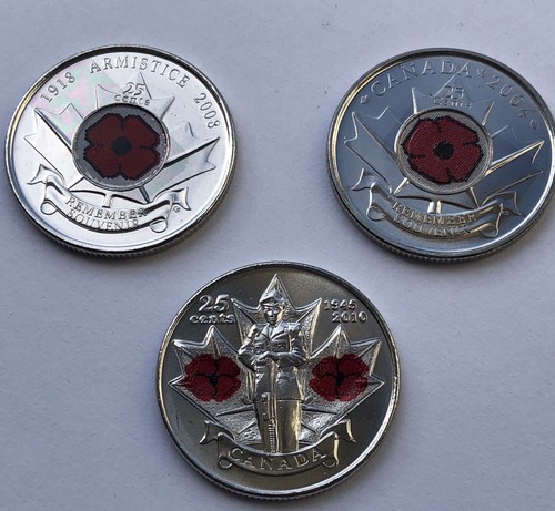 2004P, 2008, 2010 - 3 Coin color Poppy quarter set - Canada Remembrance ...