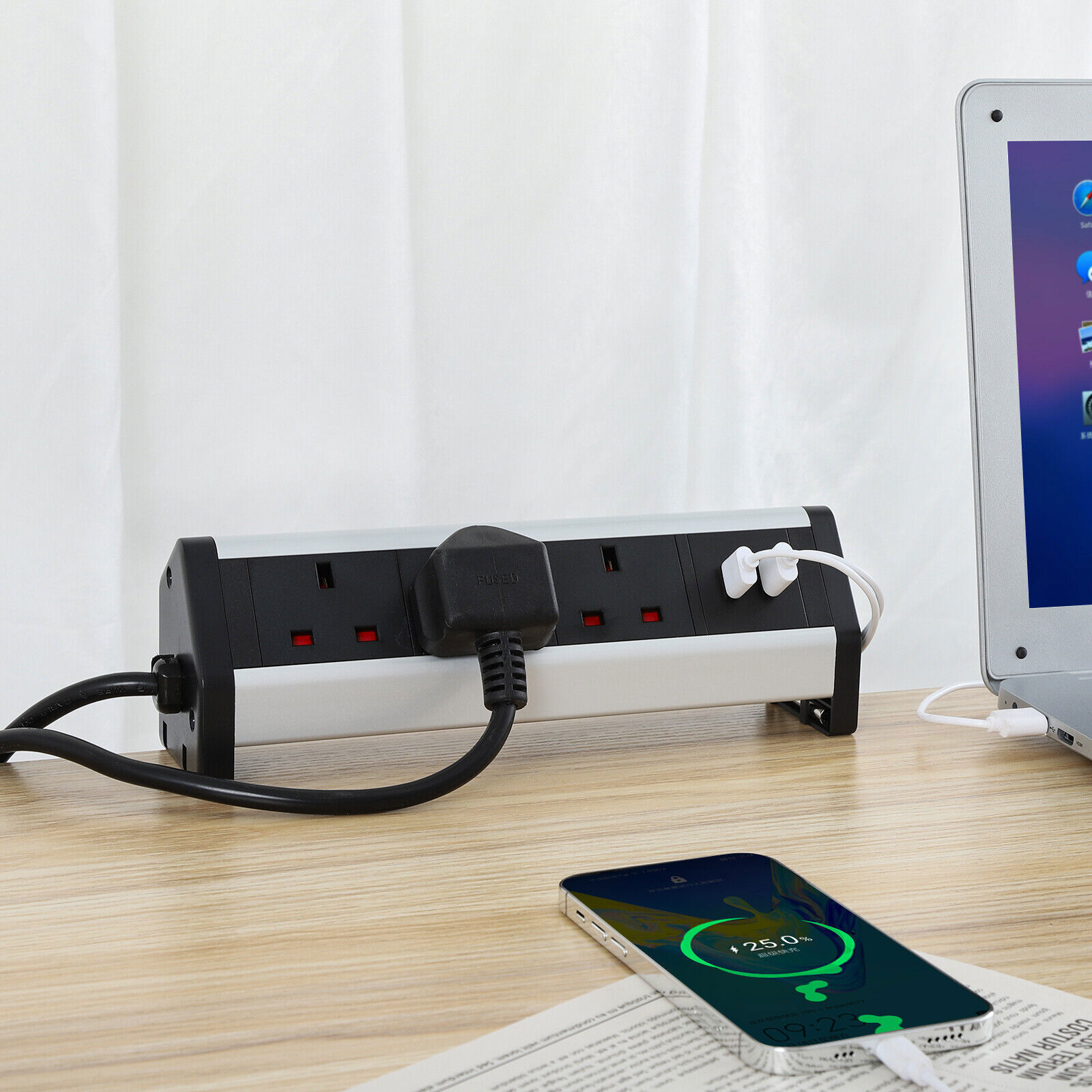3 Plug Desk Power Socket with 2 USB, 1.9M Extension Lead Desktop ...