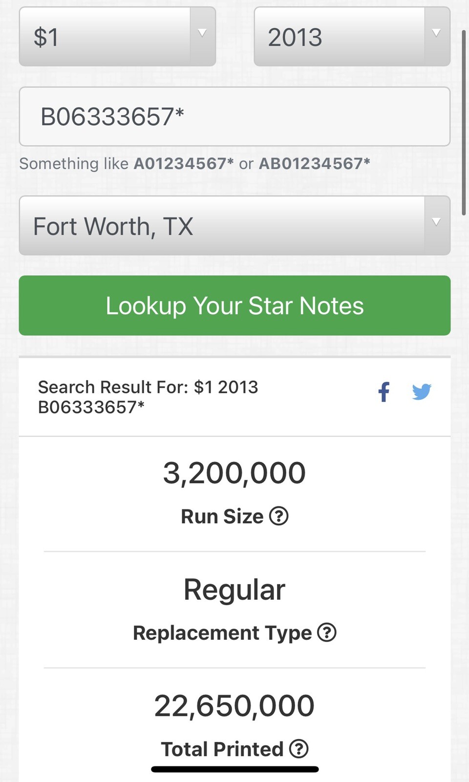 One Dollar Bill Star Note Series 2013 B06333657* Duplicate Serial ...