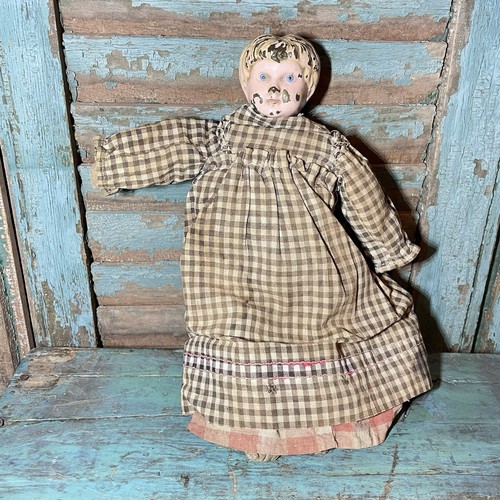 ANTIQUE VERY PRIMITIVE TIN HEAD MINERVA DOLL EARLY HOMESPUN CALICO ...