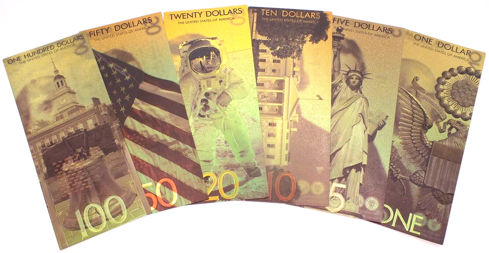 United States Currency Concept Art $1 $100 Novelty 6-Note Set Gold Foil ...
