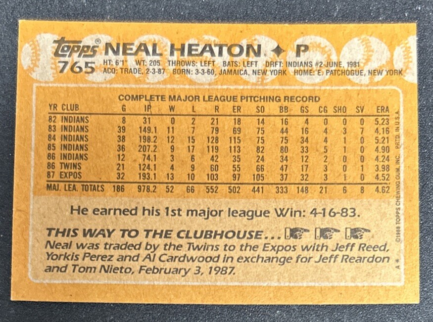 1988 Topps Neal Heaton Baseball Card #765 Expos Pitcher VG O/C | eBay