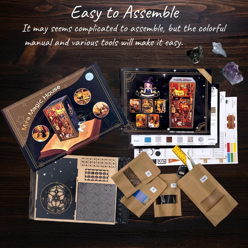 DIY Book Nook Kit with Music Box, 3D Wooden Puzzle Dollhouse with LED ...