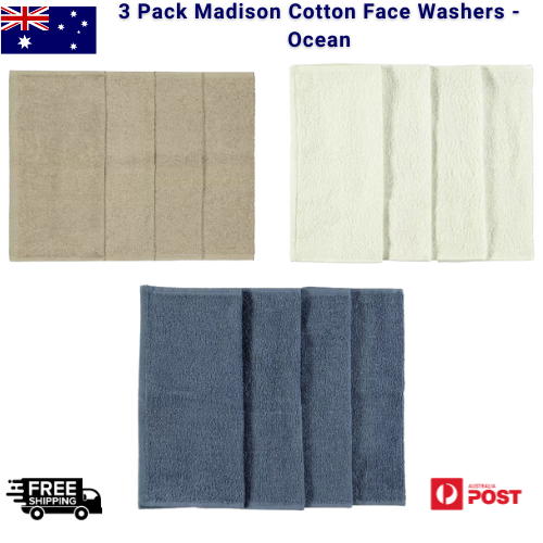 3 Pack Face Washers 100% Cotton Bath Face Towel Soft 30 x 30cm Bulk ...