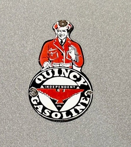 VINTAGE QUINCY INDEPENDENT PORCELAIN SIGN CAR GAS OIL TRUCK MOTORCYCLE ...