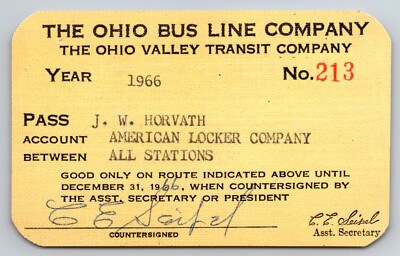Ohio Bus Lines / Ohio Valley Transit 1966 Annual / Yearly Bus Pass #213 ...