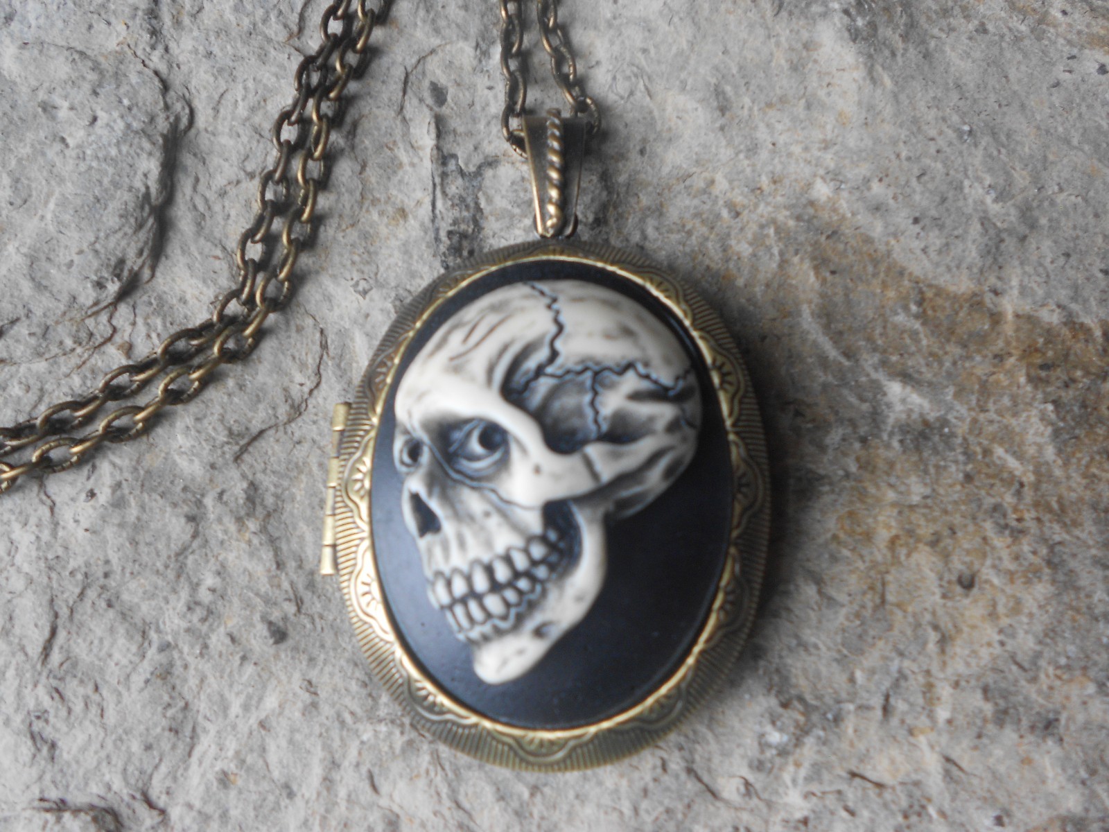 HAND PAINTED SKULL CAMEO BRONZE LOCKET - HALLOWEEN, GOTH, unique | eBay