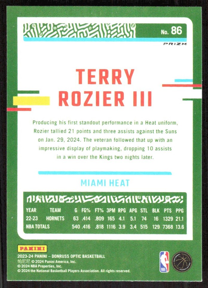 2023-24 10160C Donruss Optic Hyper Pink PRIZM Terry Rozier III Miami ...