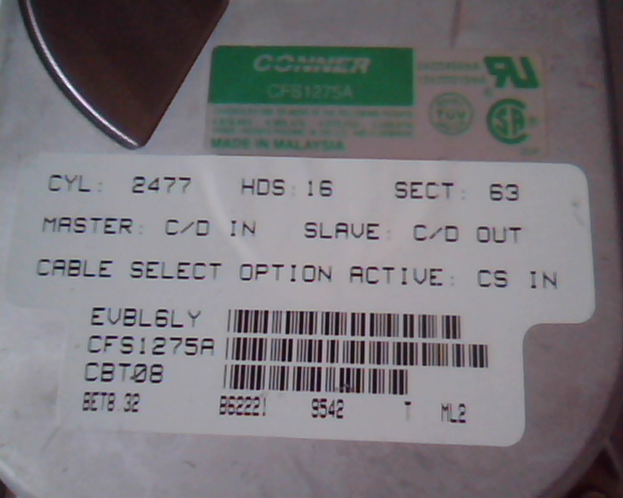 Hard Drive Disk IDE Conner CFS1275A BET8.32 37460-006 A EVBL6LY | eBay