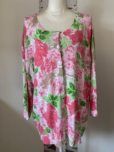 Talbots Floral Rose Cardigan Sweater Womens 3X Pink Green 3/4 Sleeve ...