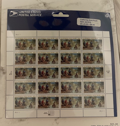 USPS CALIFORNIA GOLD RUSH 1849, 20, 33-cent stamp sheet. **SEALED** N ...