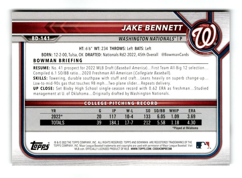 2022 Bowman Draft Jake Bennett #BD-141 1st Bowman Washington Nationals ...