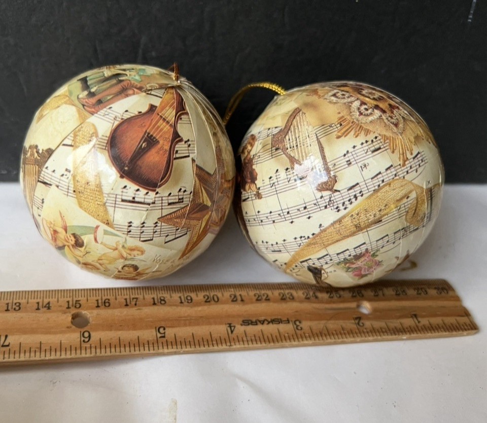 Vintage Pair Paper Mache Decoupage Christmas Ornaments Balls Music ...