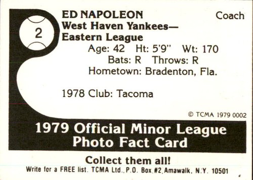 1979 West Haven Yankees TCMA #2 Ed Napoleon Bradenton Florida FL ...