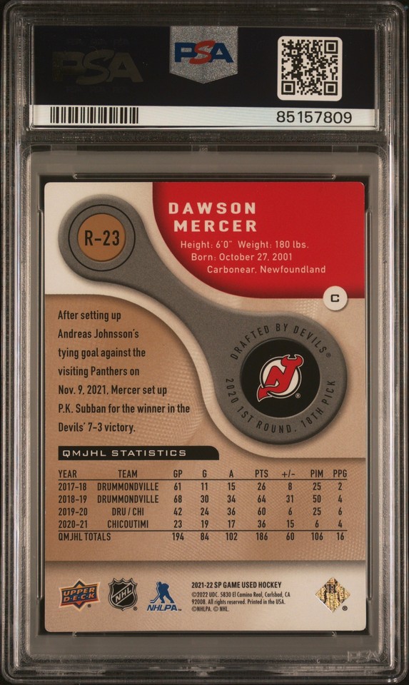 Dawson Mercer 2021 Sp Game Used 2005-06 Retro Rookies #R23 PSA 9 | eBay