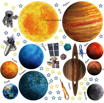 Space Solar System Planets Wall Stickers Mural Decal Astronaut Rocket ...