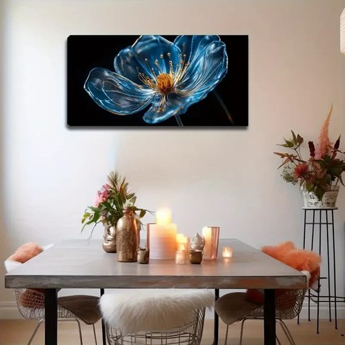 Blue Floral Design Translucent Wall Art Canvas Office Home Room Framed ...