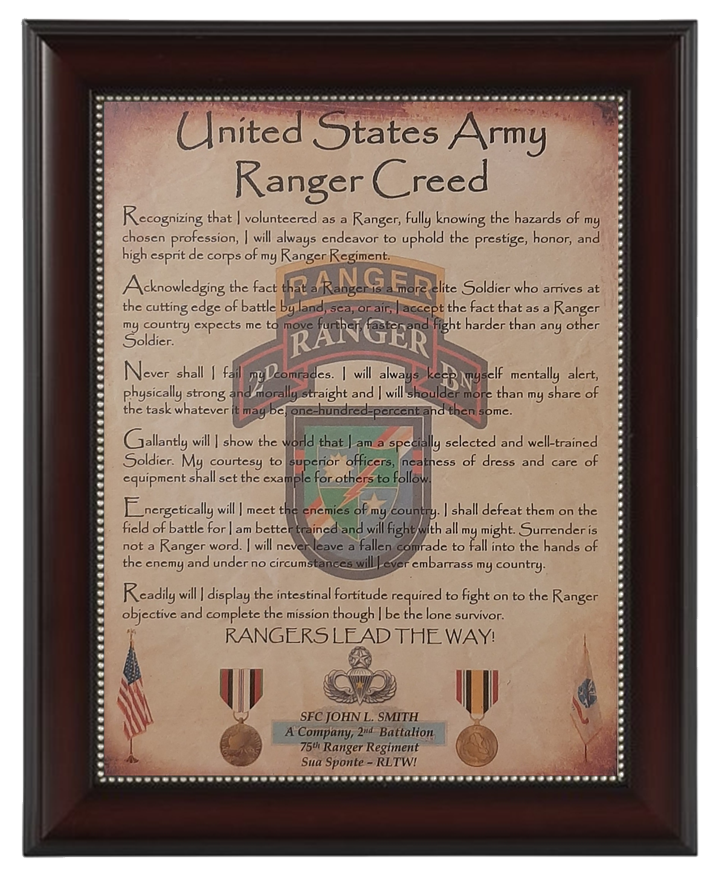 MC-BETTER: ARMY Ranger Creed ALL UNITS Aged Parchment Framed ...