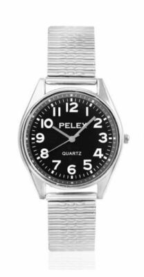 Gents Watch, Silver Expander Bracelet With Black Easy Read Dial Pelex ...