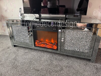 Diamond crush Silver Mirrored Door TV entertainment Unit with Fire ...