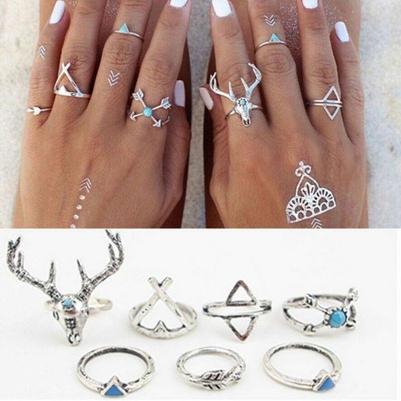 7pcs Silver Ring Set Blue Turquoise Arrows Antlers Women Retro Stack ...
