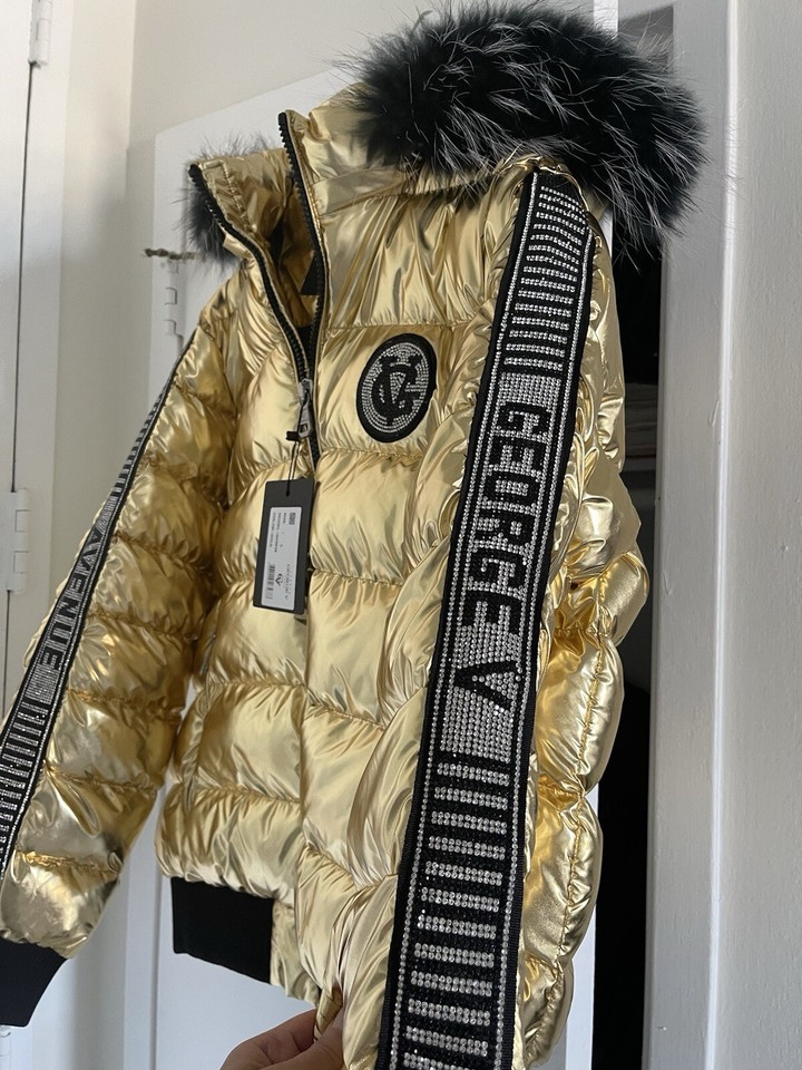 Avenue George V Paris Puffer Jacket Gold Rhinestone High Fur on Hood ...