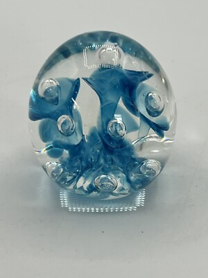 VINTAGE JOE RICE ART GLASS PAPERWEIGHT BLUE DAISY TRUMPET FLOWERS ...