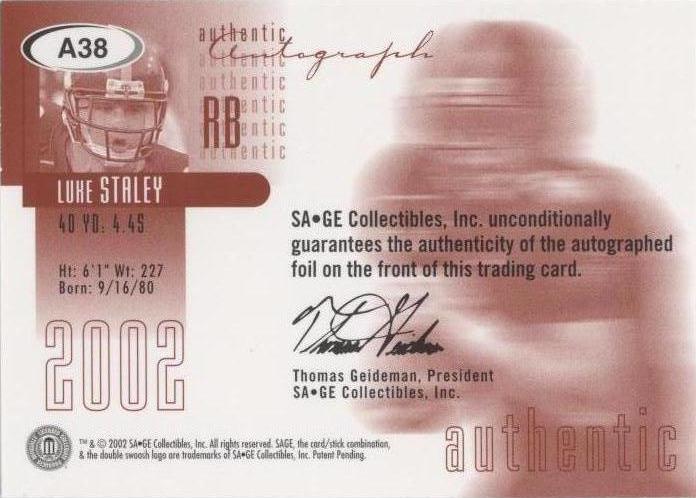 2002 Sage Luke Staley #A38 for sale | eBay