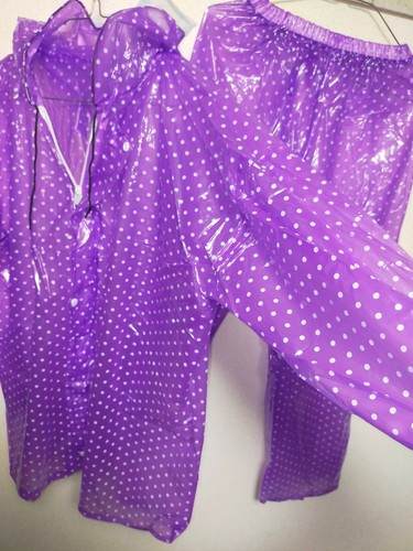 Soft purple and dots PVC vinyl rainsuit translucent hooded jacket pants ...