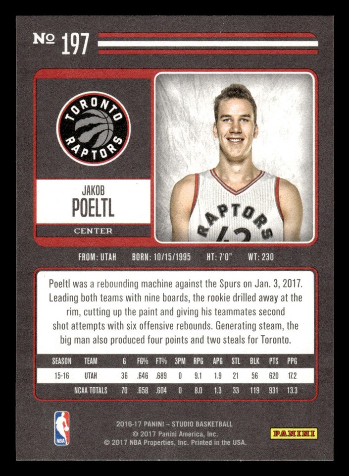 2016-17 Panini Studio Jakob Poeltl Studio Edition RC #197 | eBay