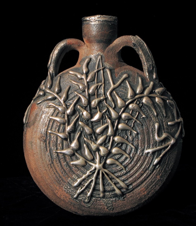 CERAMIC ART POTTERY VESSEL FLASK STERLING SILVER ISRAEL DOMAR ARTISTS ...