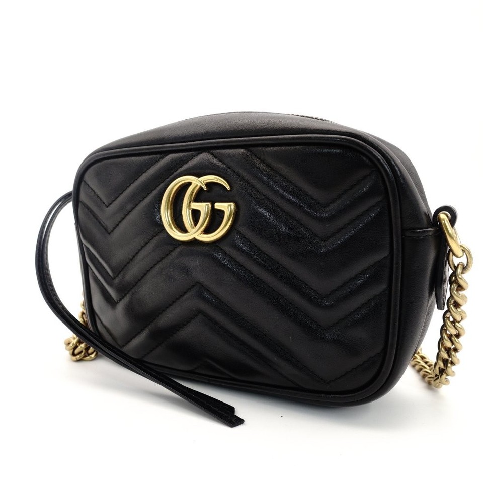 GUCCI Marmont Small Shoulder Bag Quilted Black GG Logo Crossbody 7-10 ...