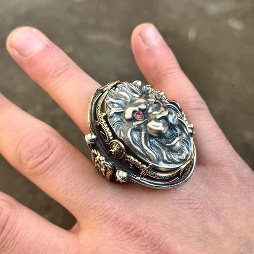 Mens Silver Lion Head Ring Ruby Eye Large Leon Signet Gothic Statement ...